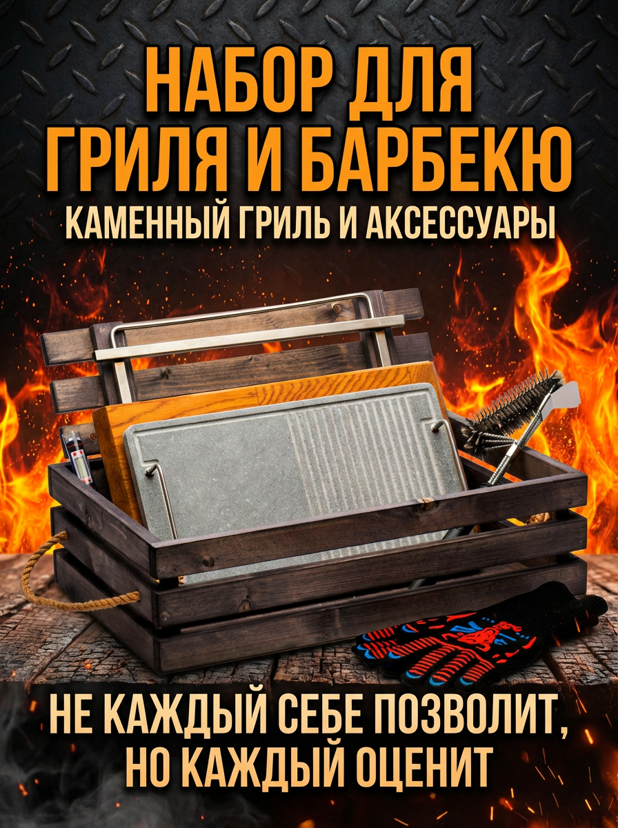 Каменный гриль. Подарочный набор 7 предметов "PERFETTO" Для жарки мяса, рыбы и овощей на открытом огне мангала или в духовке. Вулканический камень 470х280 мм