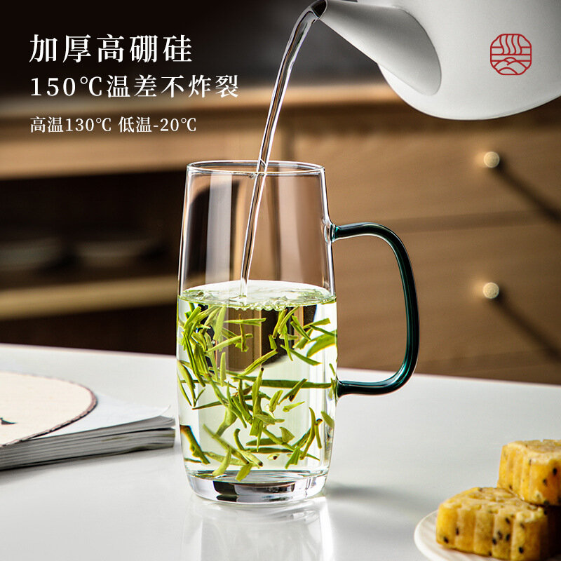 Стакан из стекла 350 мл с зеленой ручкой, устойчивый к теплу, идеален для чая, кофе и повседневного употребления дома