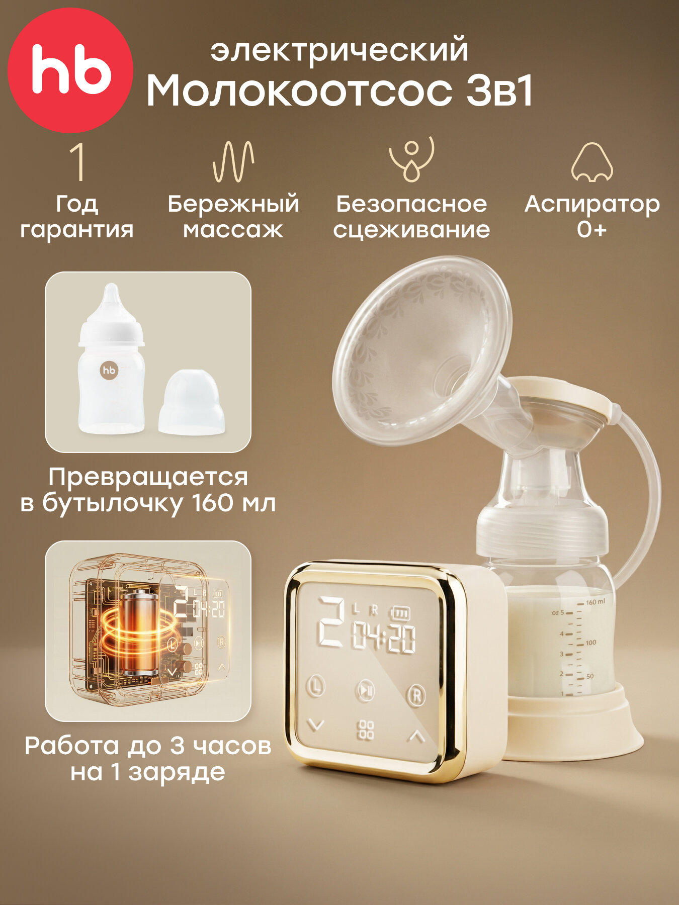 22009, Молокоотсос электрический беспроводной Happy Baby, трехфазный, бутылочка для молока 160 мл, аспиратор, кремовый