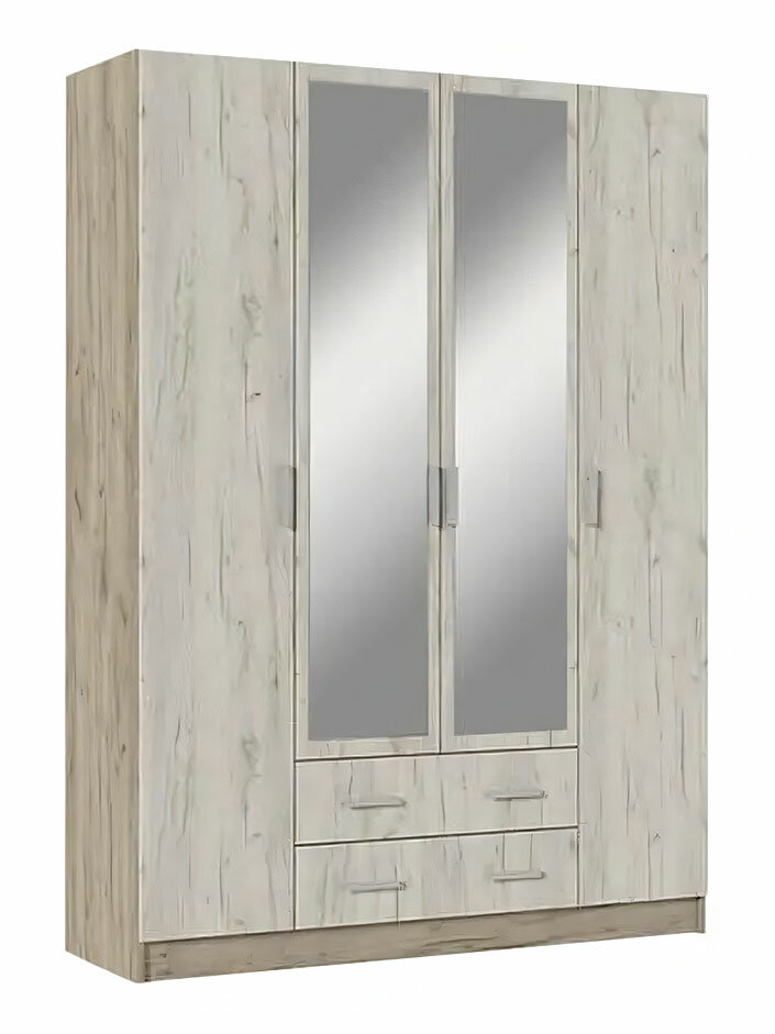 Распашной шкаф Феста со штангой, с зеркалом, с ящиками, с полками, 160х50х220 см, Дуб Крафт серый / Дуб Крафт белый