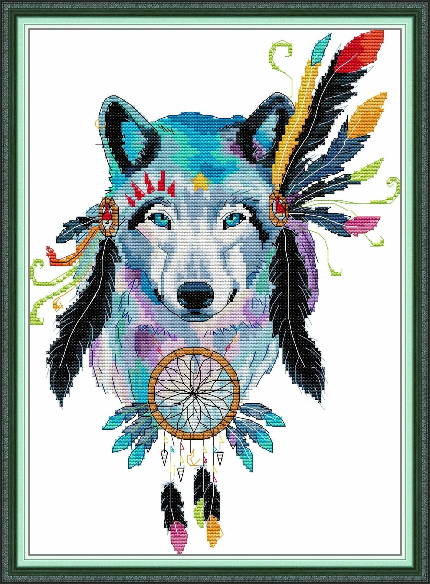 Эксклюзивный набор для вышивки NKF, сюжет "Индианский волк" 28 на 36 см для 14CT