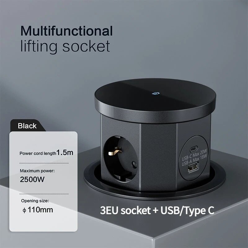 YINKA выдвижная настольная розетка с беспроводной зарядкой Black