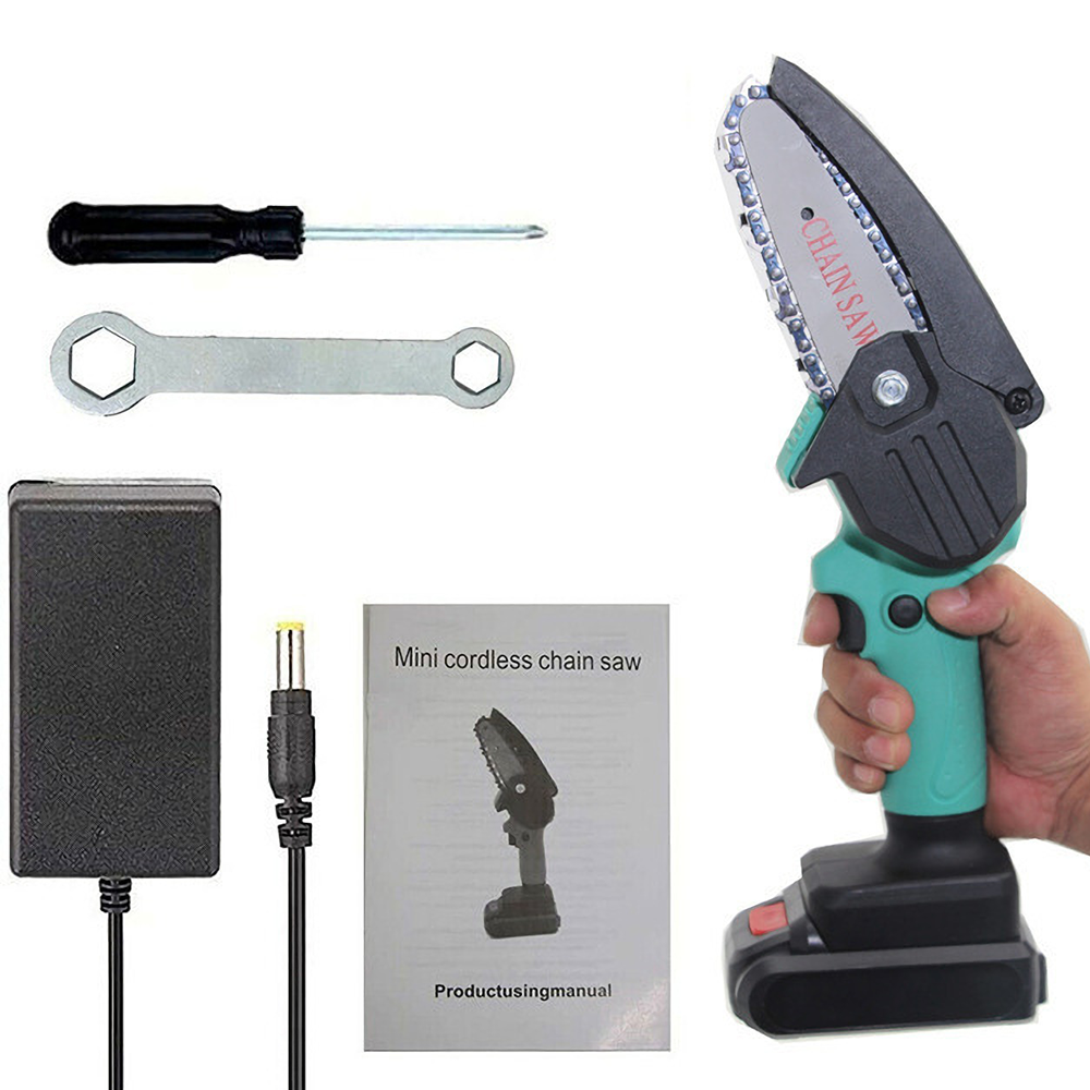 Мини цепная пила 4-дюймовая бескарбюраторная электрическая портативная обрезная пила 24V заряжаемая электрическая пила для деревообработки, одноручная обрезная пила для сада, рубки деревьев, веток, древесины, EU PLUG, (Два типа батарей)