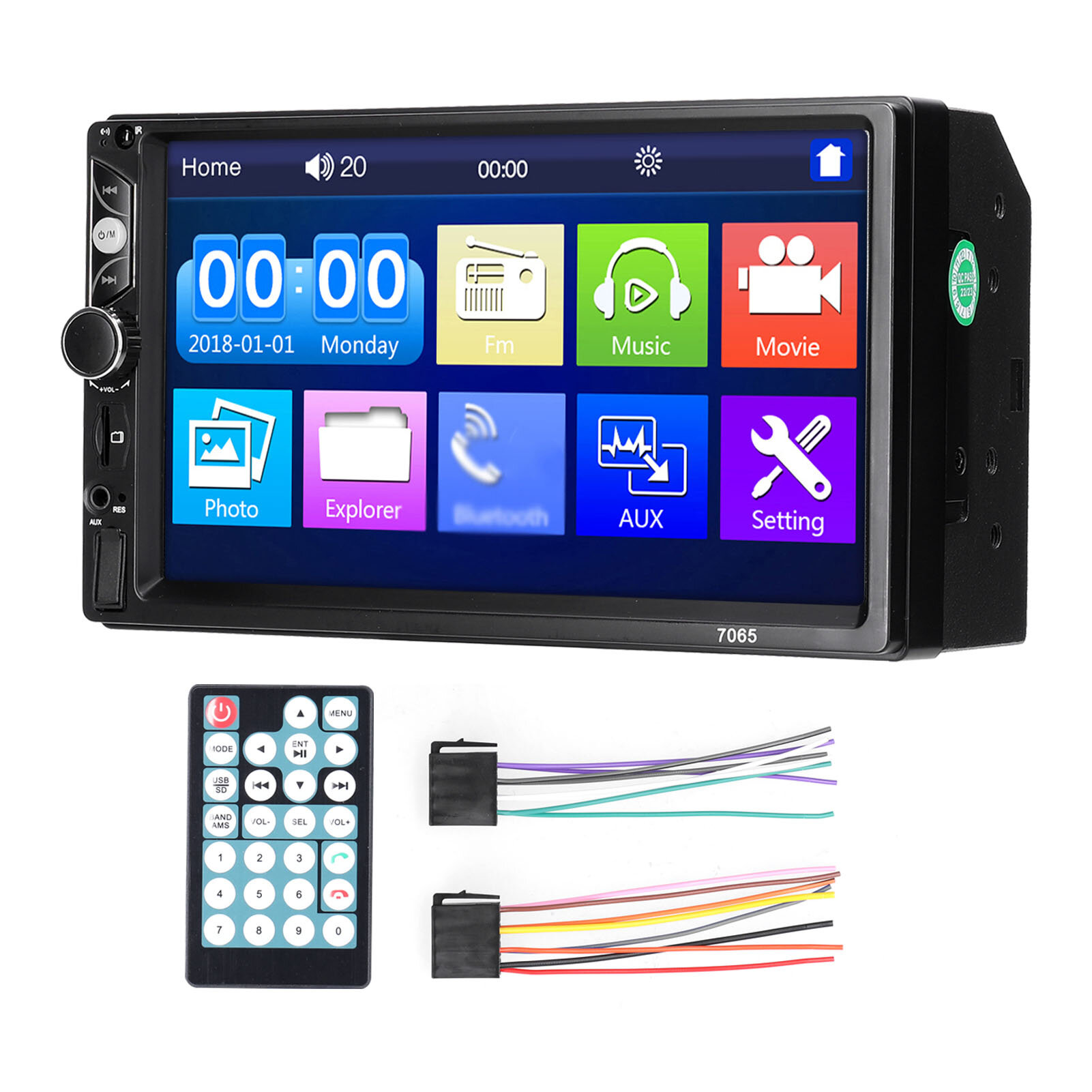 7 Inch Car MP5 Player Double Din Stereo FM Radio BT 5.0 Hands-Free Calling Support TF Card USB AUX-IN Phone Link Reverse Picture Steering Wheel Control 12.0V 60W*4 800*480 178*103*65mm MP3 WMA AAC OGG WAV APE FLAC MKV AVI MOV MP4 ASF FLV PMP MPEG VOB WMV