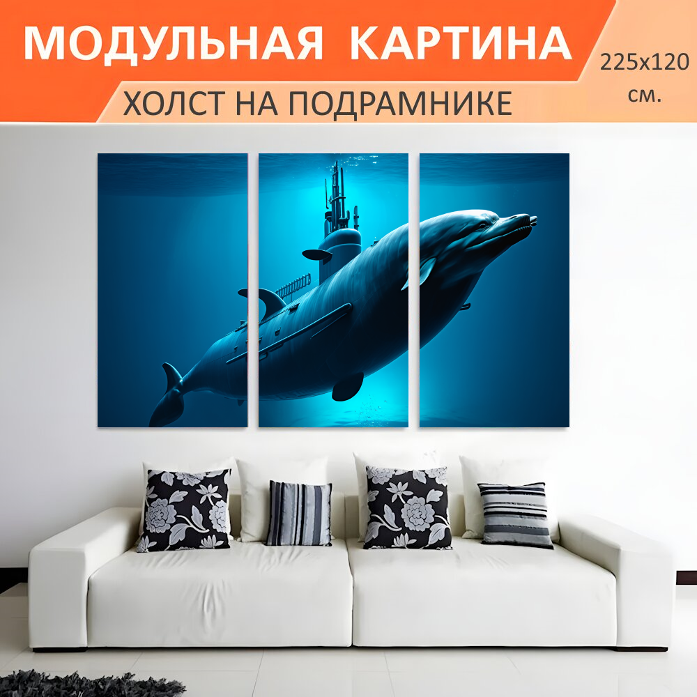 Модульная картина на холсте "Подводная лодка, спускающаяся в бездну океана, окружённая стаей дельфинов. используйте технику 3d." триптих на подрамнике 225х120 см. для интерьера