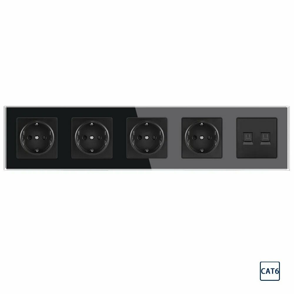 Розетка с заземлением 220В+розетка компьютерная rj45 двойная, 5 поста рамка закаленное стекло черный