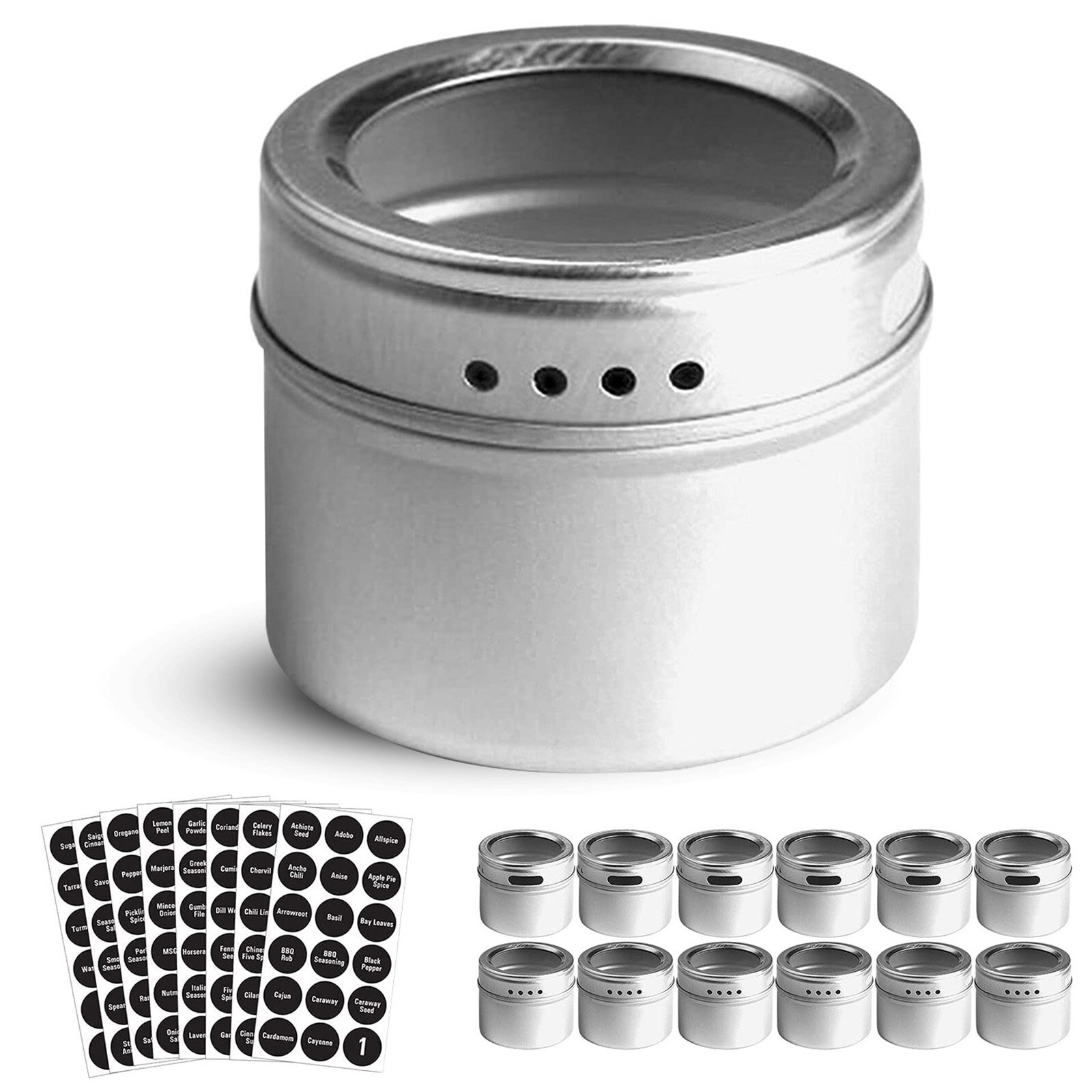 Набор из 12 магнитных банок для специй с 12 крышками с окошком для просеивания и наливания, 144 предраспечатанных этикеток для банок объемом 3 унции, материал нержавеющая сталь, вес 1 шт. approx. 57г, размер банки 2" высота, 2 1/2" диаметр