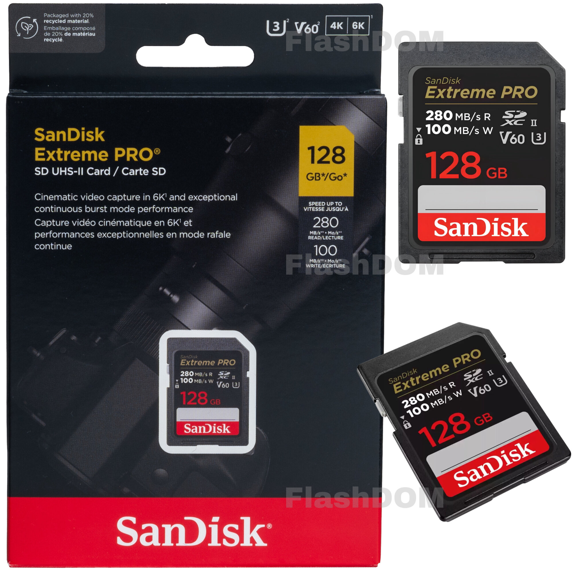 Карта памяти SanDisk Extreme PRO SDXC 128 ГБ Class 10 UHS-II U3 V60 6K-Video (R/W 280/100 Mb/s)
