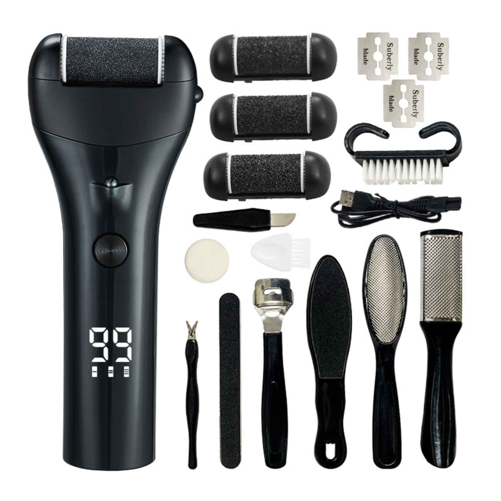 Электрический набор для удаления мозолей на ногах, подзарядный водонепроницаемый пилок для педикюра, черный+набор из 10 штук, 16x6.35cm, 1200mAh, 3.5 часа зарядки, 3 часа работы, ABS, POM, USB-разъем, 3 скорости, 3 шлифовальных головки, щетка для