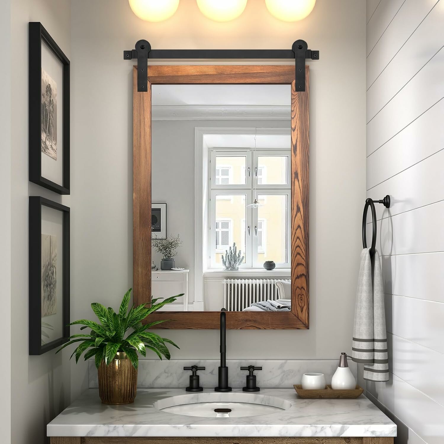 Зеркало в деревянной рамке для ванной, гостиной, декора входной стены (коричневое), 67X46X2CM