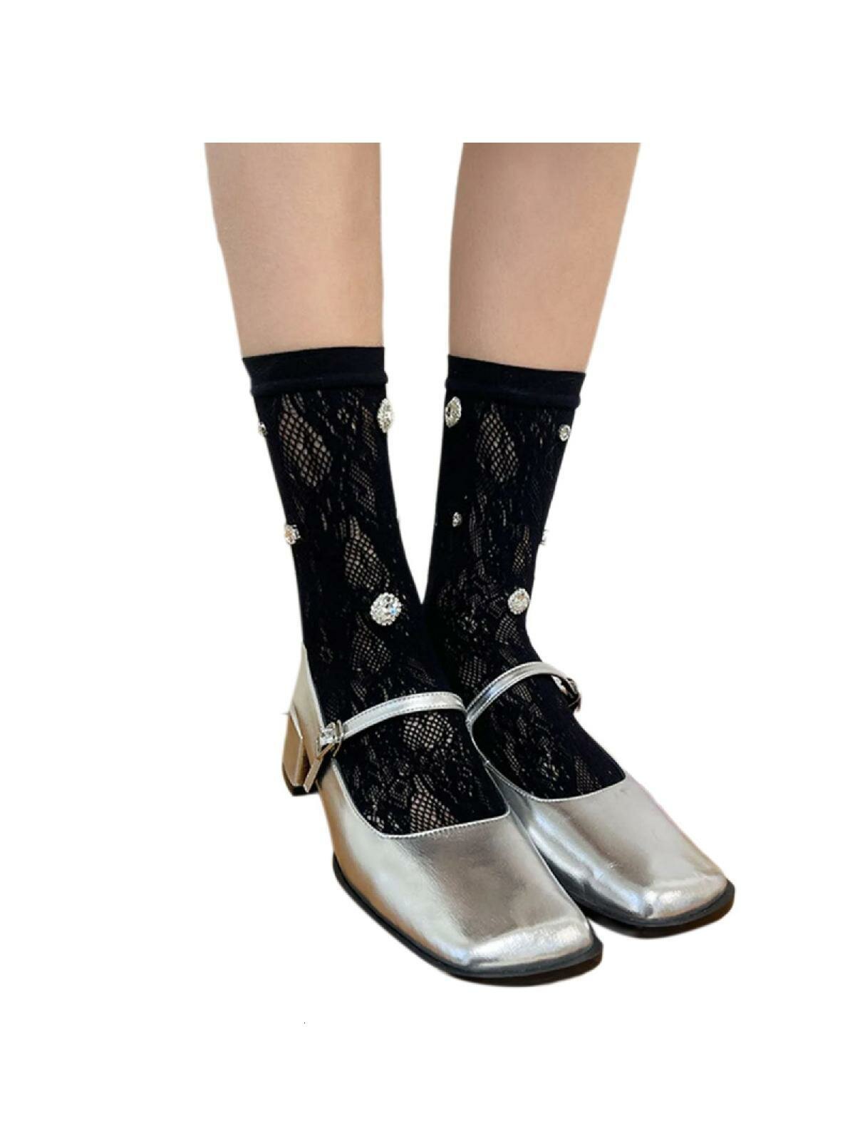 Женские ажурные кружевные гольфы из сетки с блестками, Черный