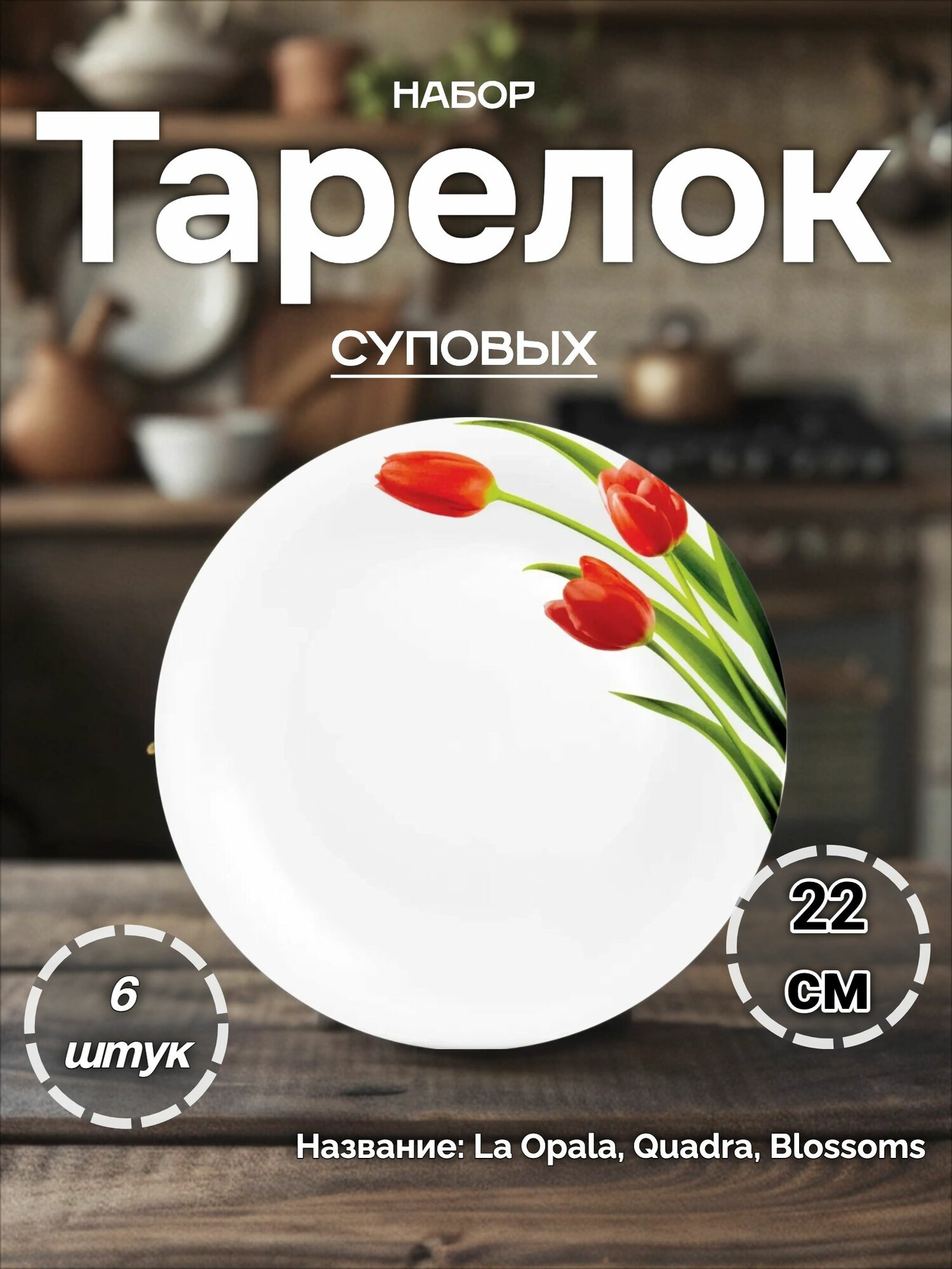 Набор суповых тарелок, La Opala, Quadra, Blossoms, 22 см, 6 персон