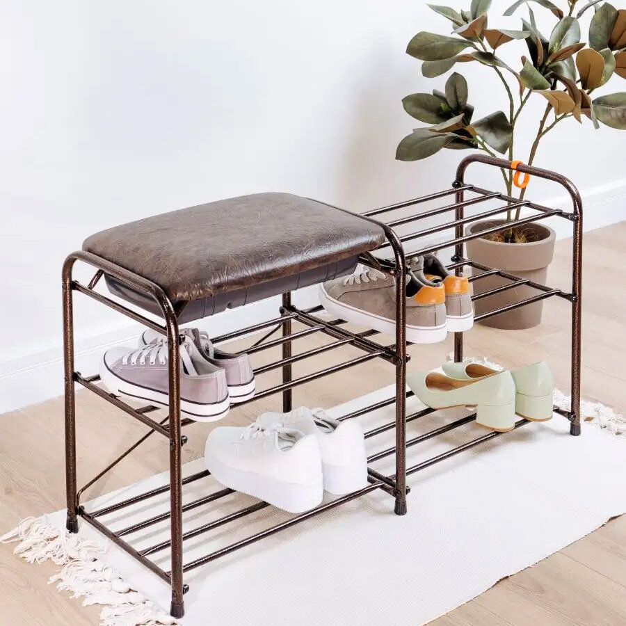 Подставка для обуви "Альфа 33" с сиденьем и ящиком, коричневая