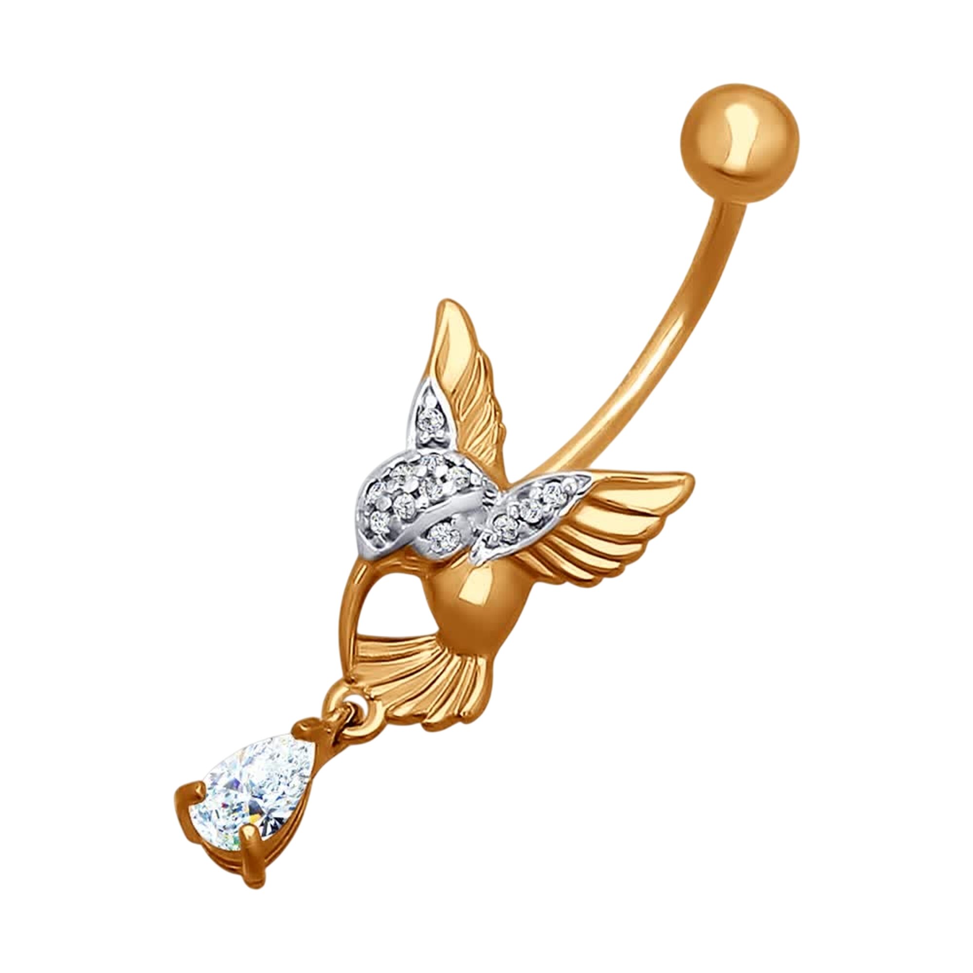 Пирсинг в пупок, красное золото, 585 проба, фианит