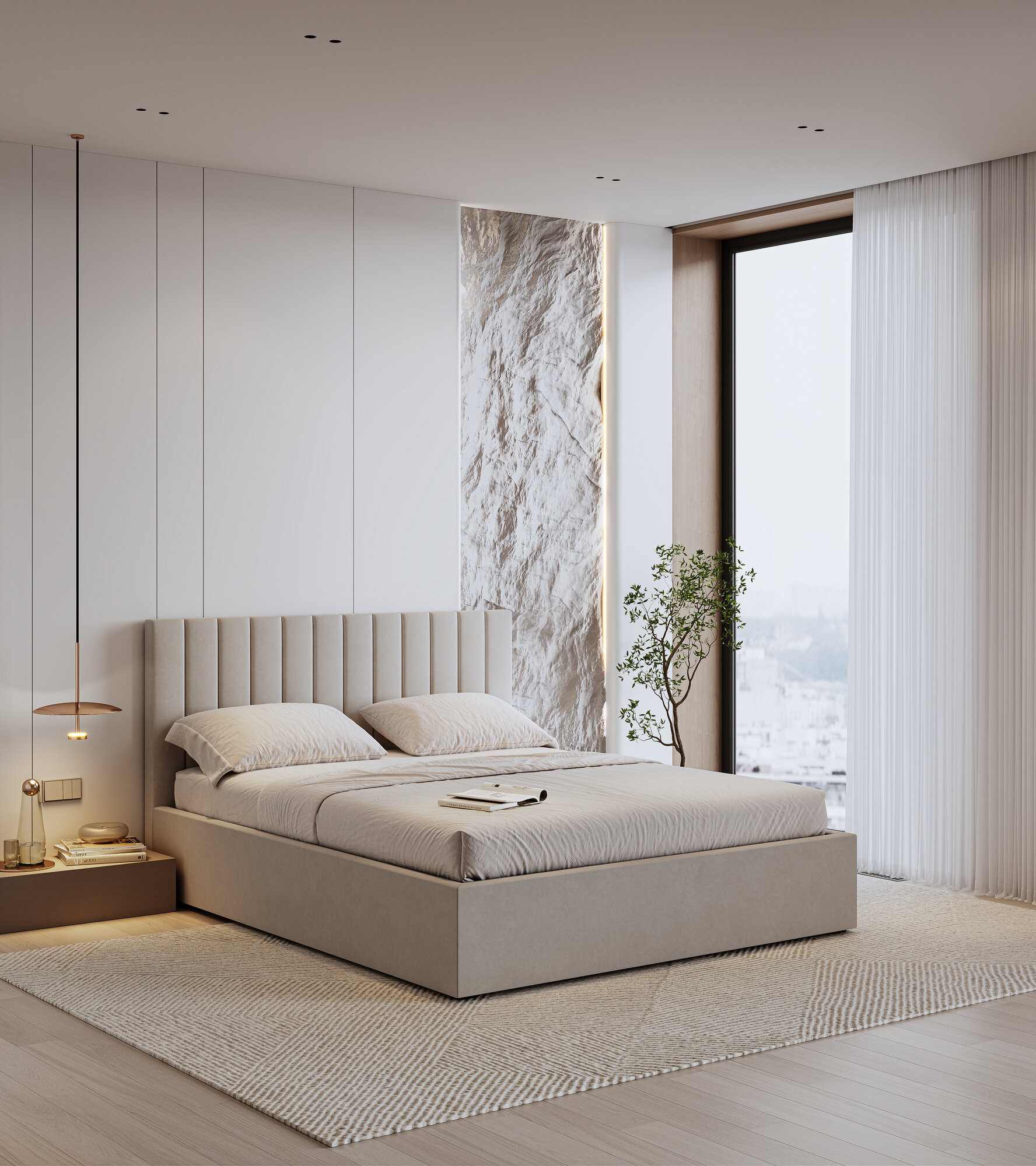 Двуспальная кровать Гармония, с подъемным механизмом, велюр бежевый , 160х200 см, Fansa