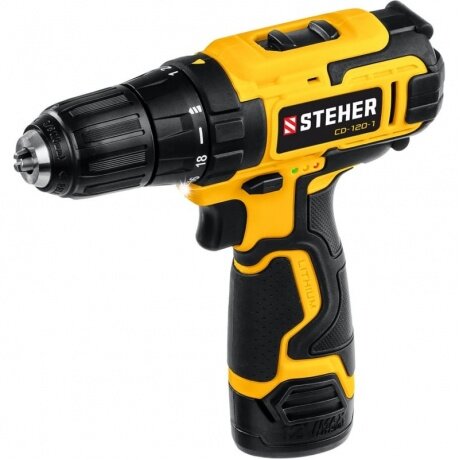 Дрель-шуруповерт, кейс (CD-120-1) STEHER 12 В, 30 Н·м, 1 АКБ (2 А·ч)