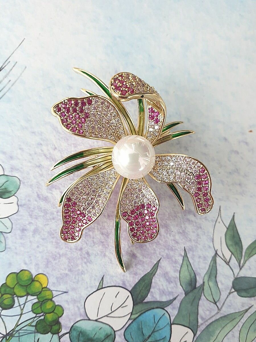 Брошь, фианит, жемчуг культивированный