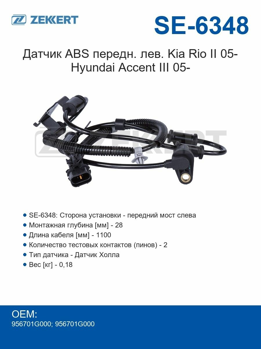 Zekkert Датчик ABS передний левый Kia Rio II с 2005 года Hyundai Accent III с 2005 года