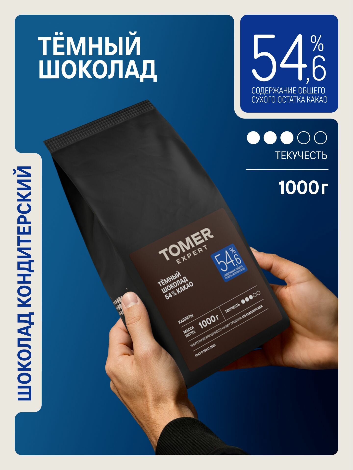 Шоколад темный 54,6% кондитерский 1 кг в каллетах (каплях) для создания десертов