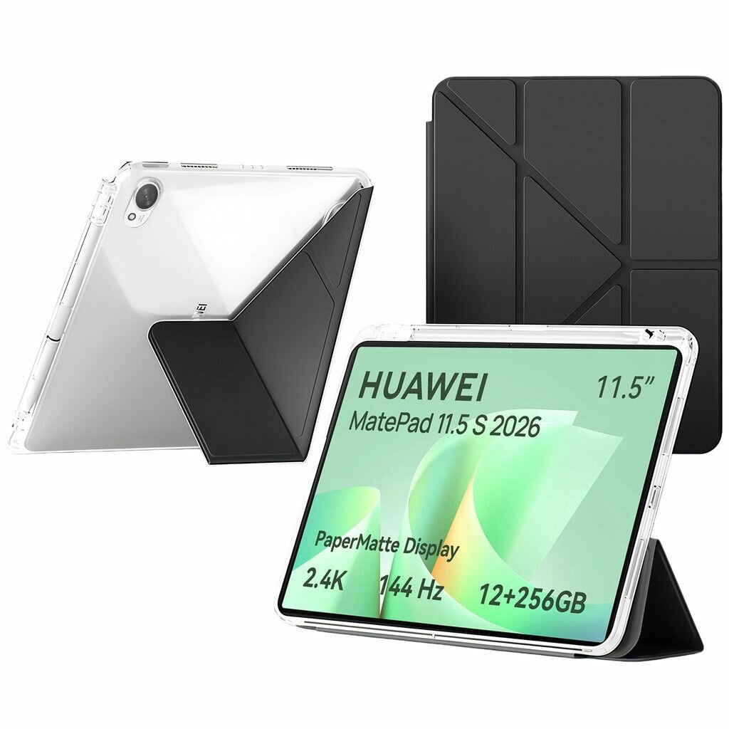 Магнитный чехол для Huawei MatePad 11.5 S 2026 и 11.5 2025 с трехсекционной подставкой и держателем для стилуса, функцией автоматического перехода в спящий режим и пробуждения