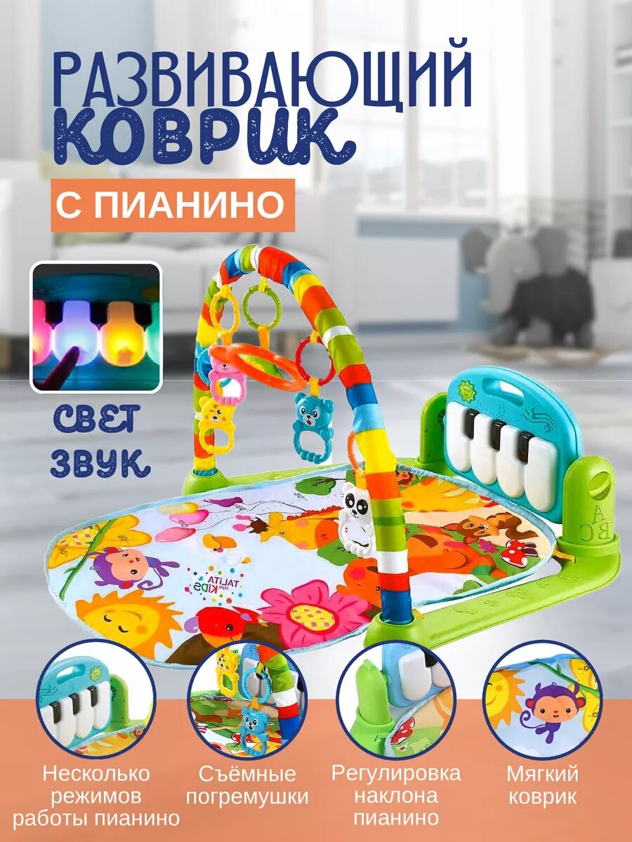 Развивающий коврик AmishHome Пианино, интерактивный, противоскользящее покрытие, 58 см x 75 см