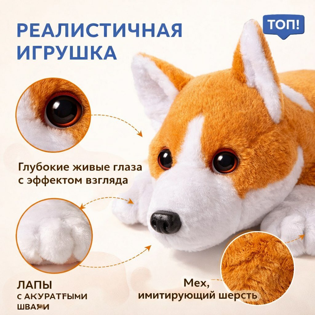 Мягкая игрушка Miron & Milana "Королевский корги", ручная работа, 55см, бежево-белая