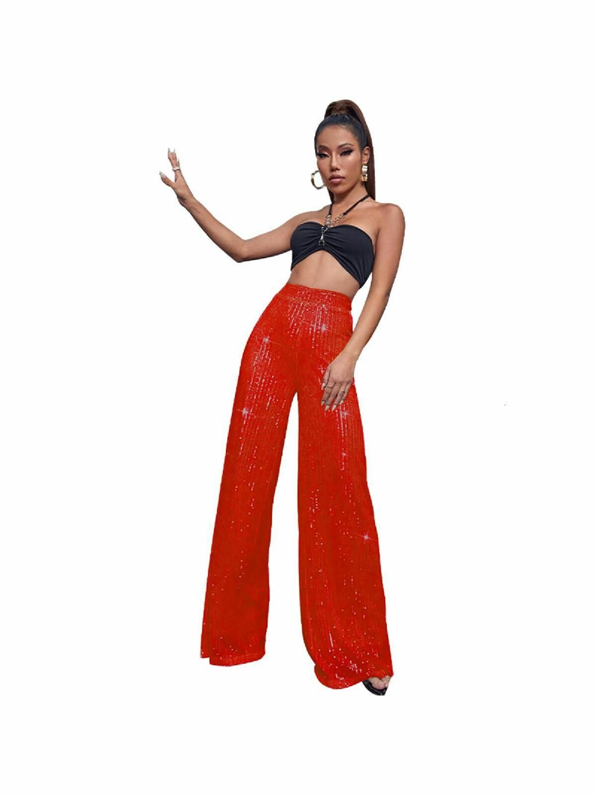 Блестящие женские брюки-клеш, красный - L