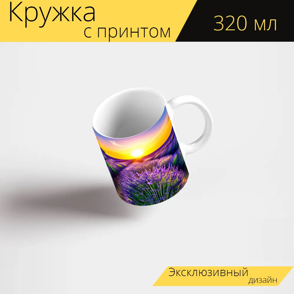 Кружка с рисунком, принтом "Закат над полем лаванды, цветы ярко-фиолетовые, воздух напоен ароматом, небо переливается оттенками оранжевого и красного, легкий ветерок колышет." 320 мл.