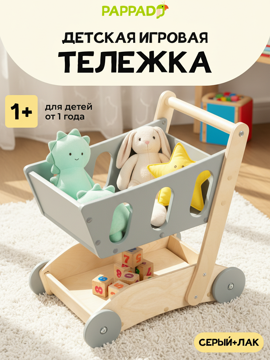 Детская игровая тележка "корзина" от "Pappado", цвет серый + лак
