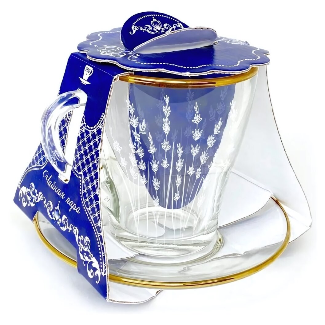 Чайная пара стеклянная 250 мл, с золотой окантовкой, декор "Лаванда", чашка и блюдце