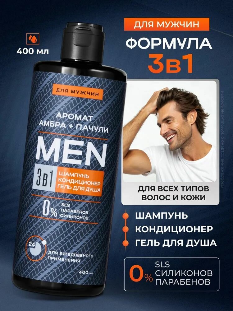 MEN Шампунь для мужчин 3в1, кондиционер и гель, 400 мл