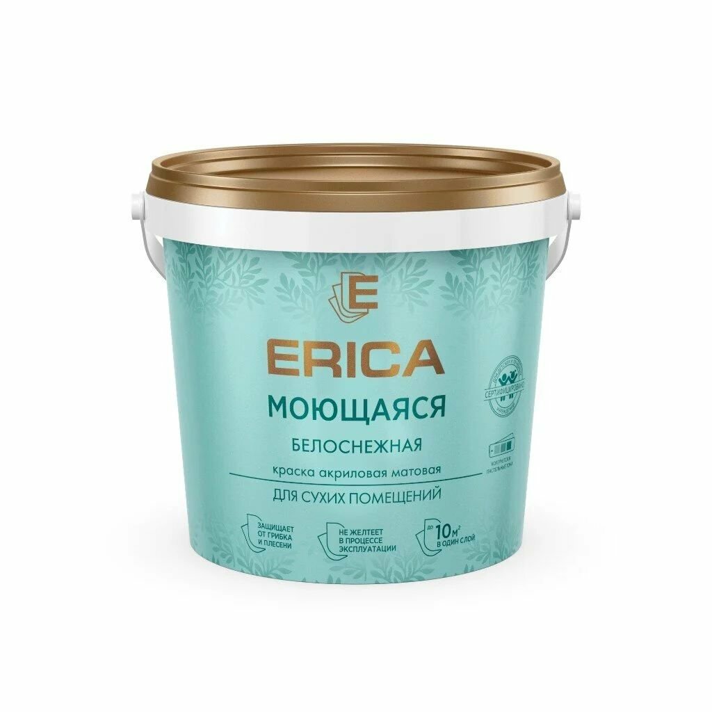 Краска акриловая Erica водно-дисперсионная белая матовая 1 кг для стен и потолка, моющаяся, влагостойкая, для интерьера