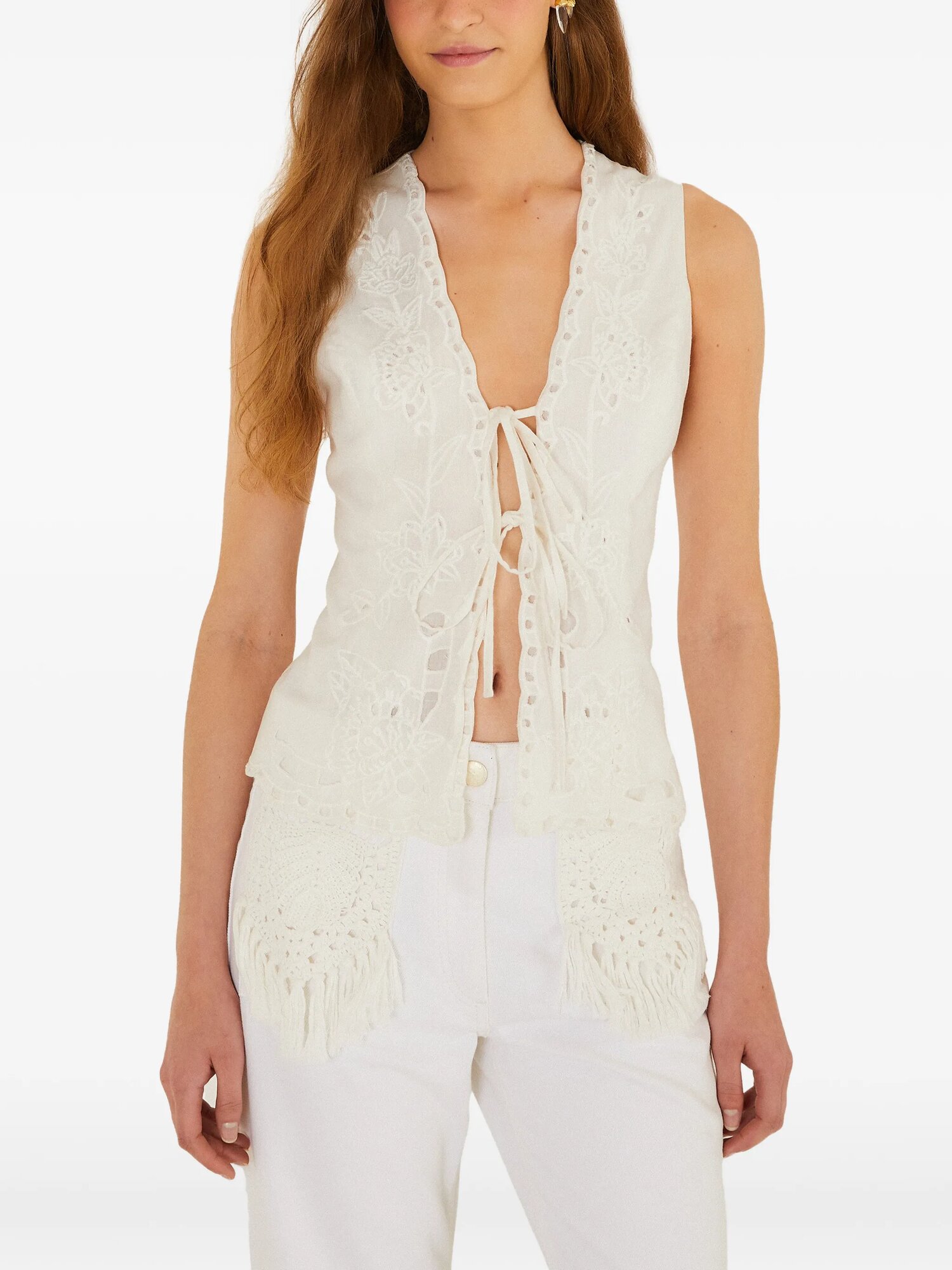 Топ FARM RIO Floral-embroidered fringe top
