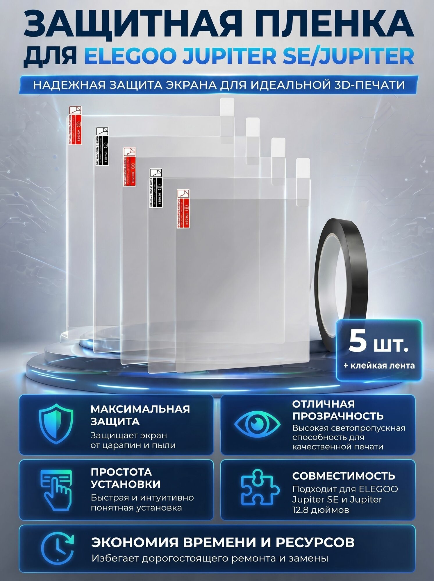 Защитная пленка для ELEGOO Jupiter SE/Jupiter 12.8 дюймов, 5 шт + клейкая лента