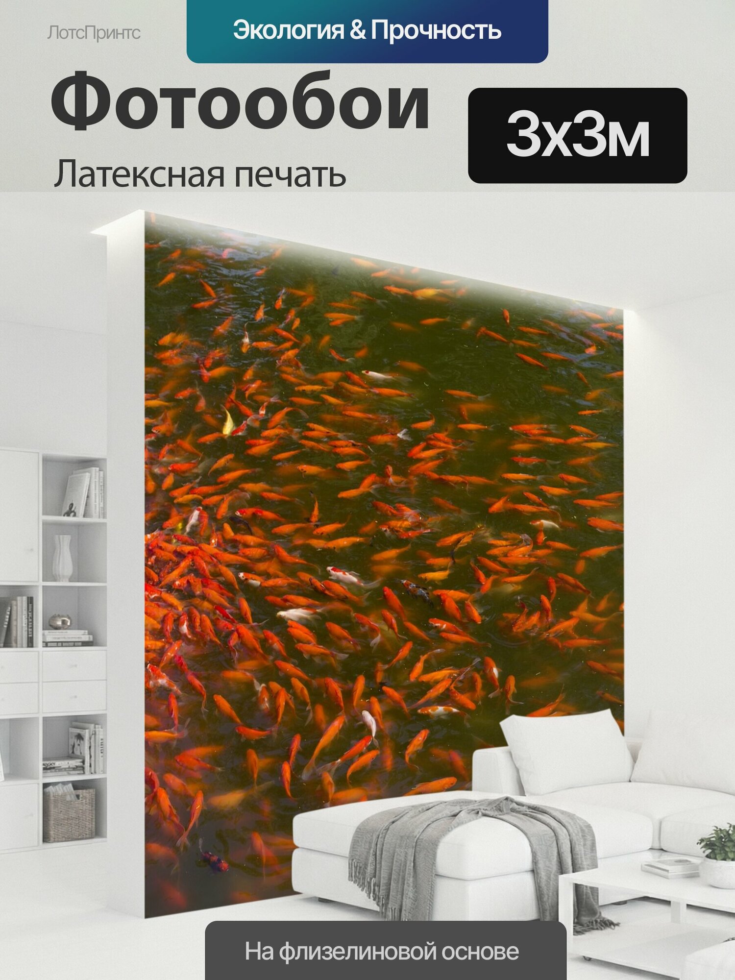 Фотообои моющиеся ударопрочные "Кои, карп, рыбы" 300x300 см. латексная печать