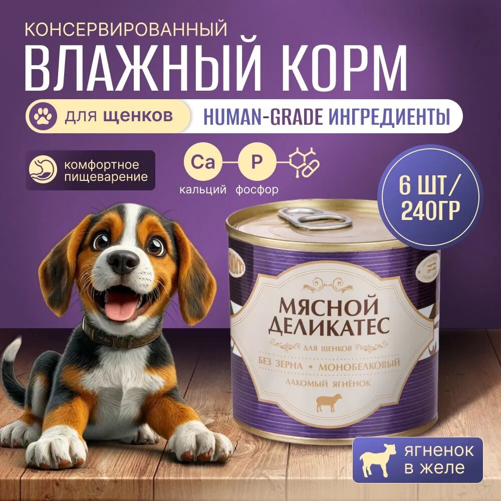 Yummy Мясной Деликатес Влажный корм для щенков Ягненок натуральный в желе, 240 г. * 6 шт.