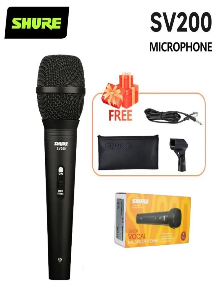 Микрофон для живого вокала SHURE SV200 Кабельный микрофон，Подходит для живых выступлений, домашних записей и караоке, черный матовый