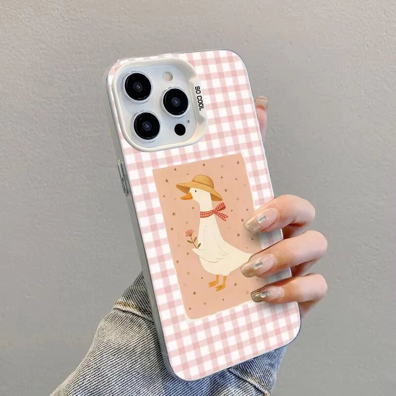 Чехол для iPhone 16 Pro, белый, клетка, утка