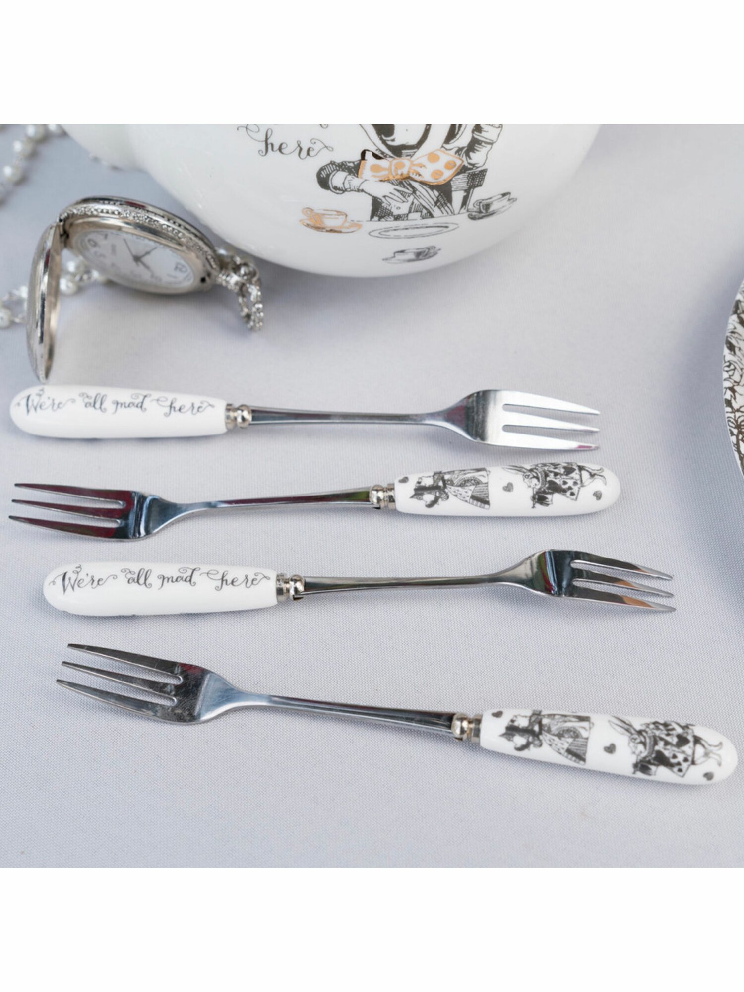 Kitchen Craft Десертные вилки, столовые приборы набор 4 штуки, Алиса в Стране чудес, Mikasa V&A