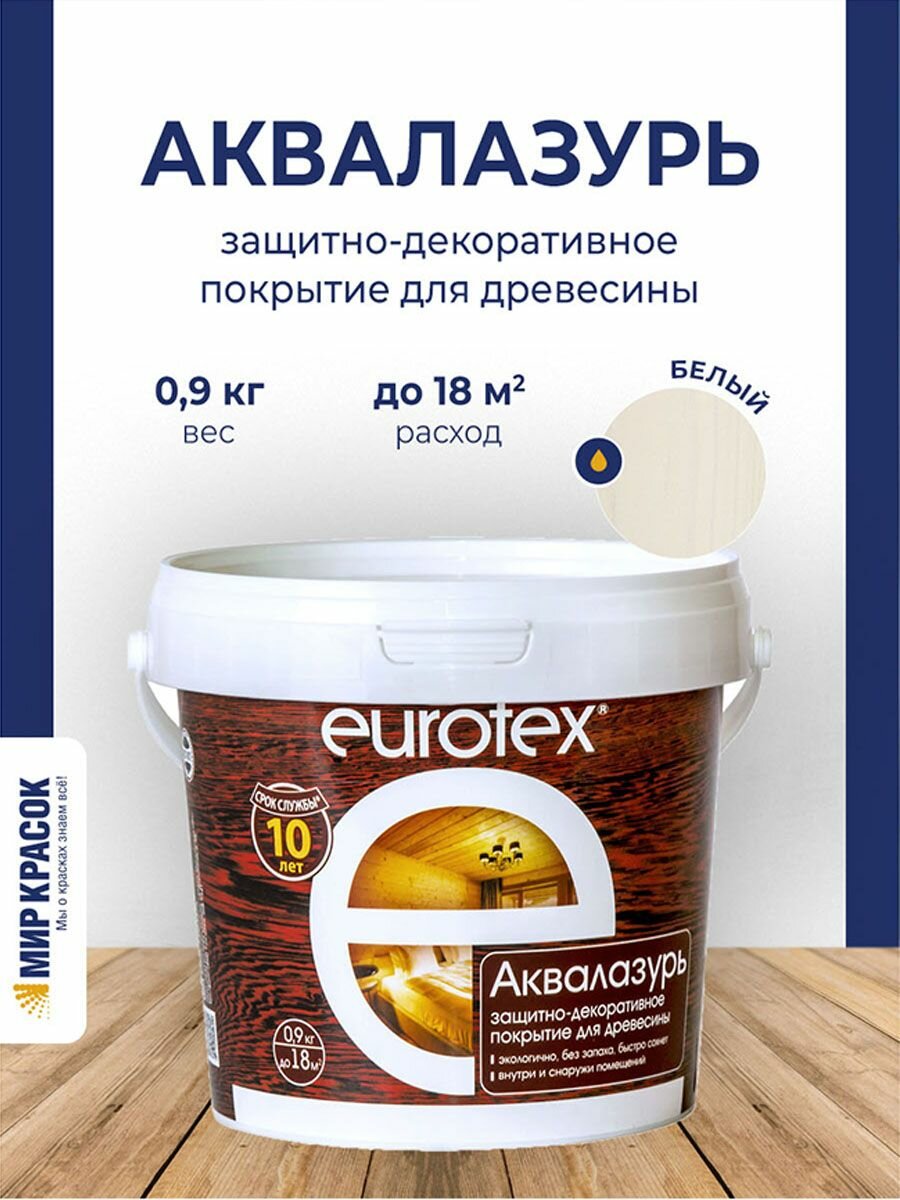 Eurotex Аквалазурь лак защитно-декоративный для дерева акриловый лессирующий, белый (0,9л) защита древесины декоративная отделка акриловая глазурь