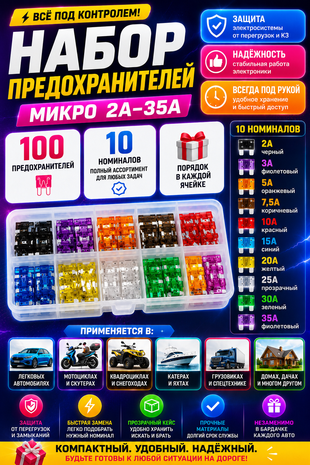 Набор автомобильных предохранителей "Micro", 100 штук + кейс