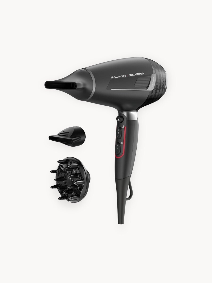 Профессиональный фен для волос Rowenta Karl Lagerfeld K/Pro Stylist CV887LF0 с ионизацией и 3 насадками, 6 режимов, 2200 Вт, черный