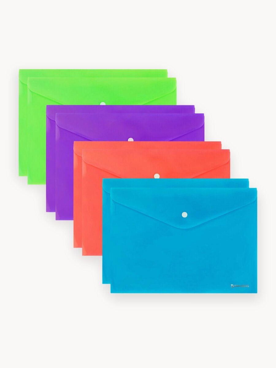 Папка конверт для документов, тетрадей и бумаг А4 с кнопкой, набор 8 штук, канцелярия для школы и офиса, неоновые цвета, Brauberg Neon, 272871