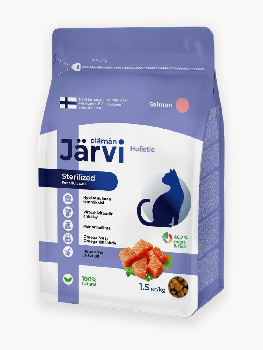 Сухой корм Jarvi полнорационный для стерилизованных кошек и кастрированных котов с лососем, 1,5 кг
