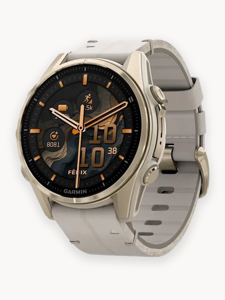 Garmin Fenix 8 43 mm AMOLED Sapphire soft gold with a fog gray leather band 010-02903-40