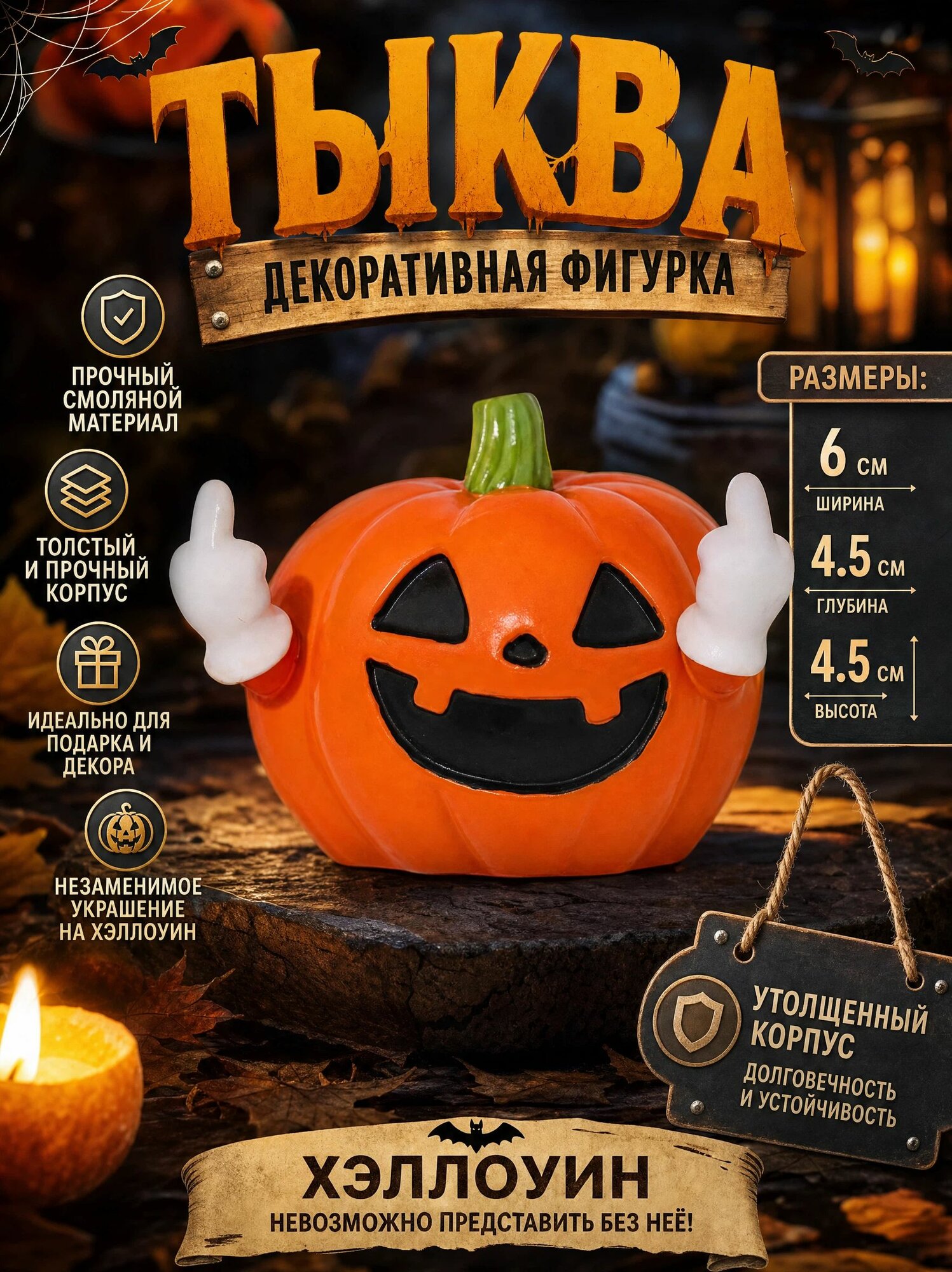 Декоративная фигурка тыквы на Хэллоуин из смолы