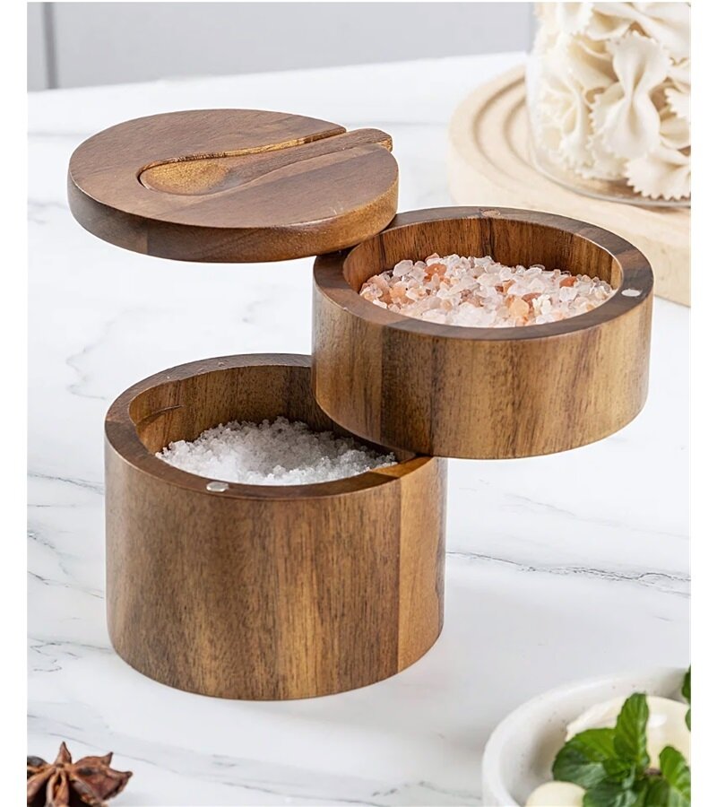 Двухслойная вращающаяся деревянная банка для хранения специй / Банка для хранения приправ