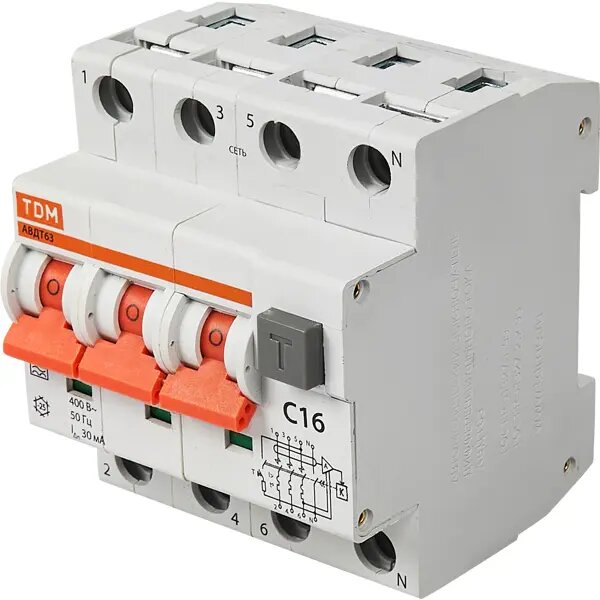Дифференциальный автомат Tdm Electric АВДТ-63 3P N C16 A 30 мА 6 кА AС SQ0202-0017