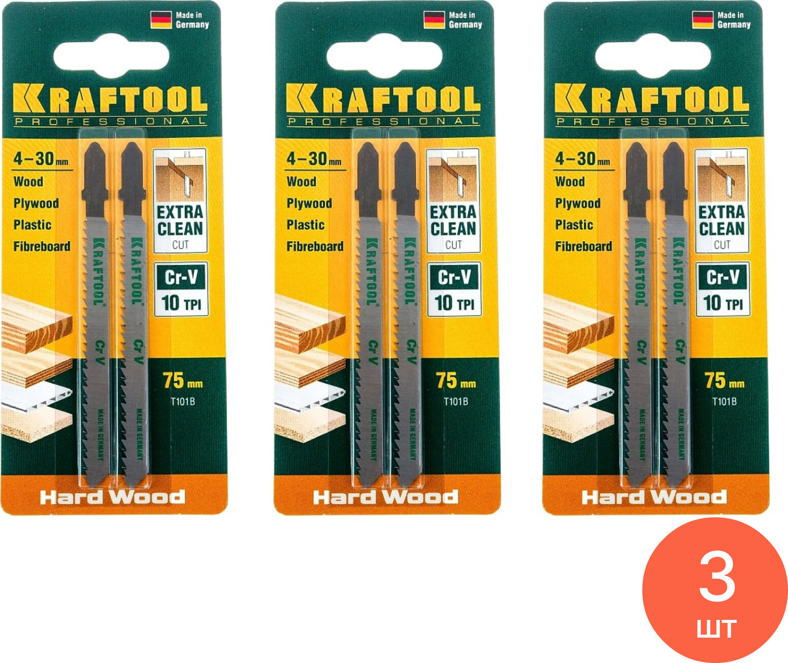 Пилка для лобзика KRAFTOOL / Крафтул T101B по дереву, чистый рез, Т-образный хвостовик, из хромованадиевой стали, рабочая длина 75мм, 2шт. / оснастка (комплект из 3 шт)