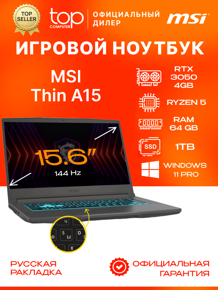 Ноутбук MSI Thin A15 B7UC 15.6"FHD/Ryzen 5 7535HS/64GB/1TB SSD/RTX3050/Win11pro/серый